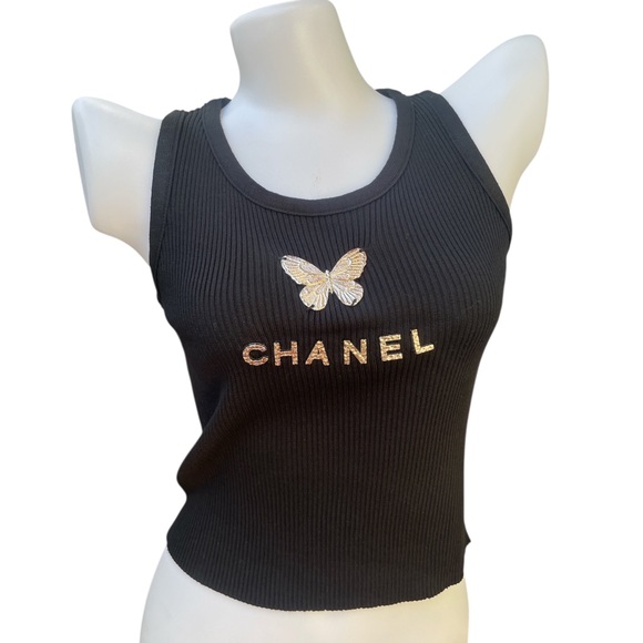 CHANEL | Tops | Chanel Black Ribbed Tank With Butterfly Accent | Poshmark